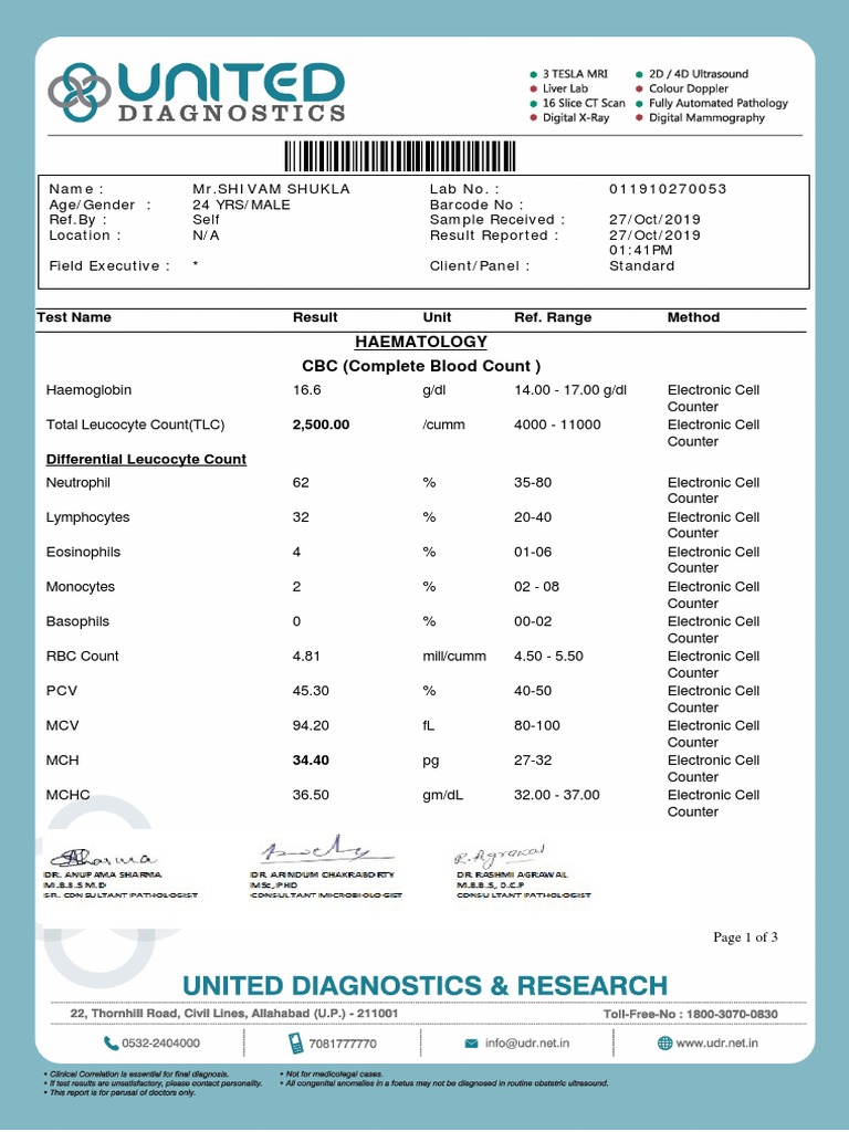 Haematology CBC (Complete Blood Count) : Name: MR - Shivam Shukla Lab ...