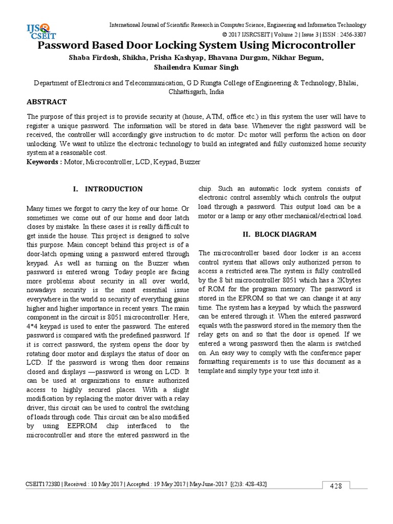 Password Based Door Locking System Using Microcontroller | PDF | Microcontroller | Electric Motor