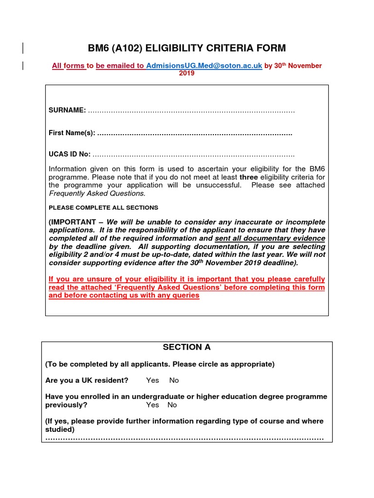 Bm6 (A102) Eligibility Criteria Form: All Orms Be Emailed To | PDF ...