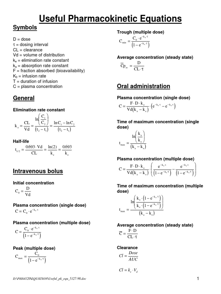 Essential Pharmacokinetic Equations | PDF | Renal Function | Medicinal ...