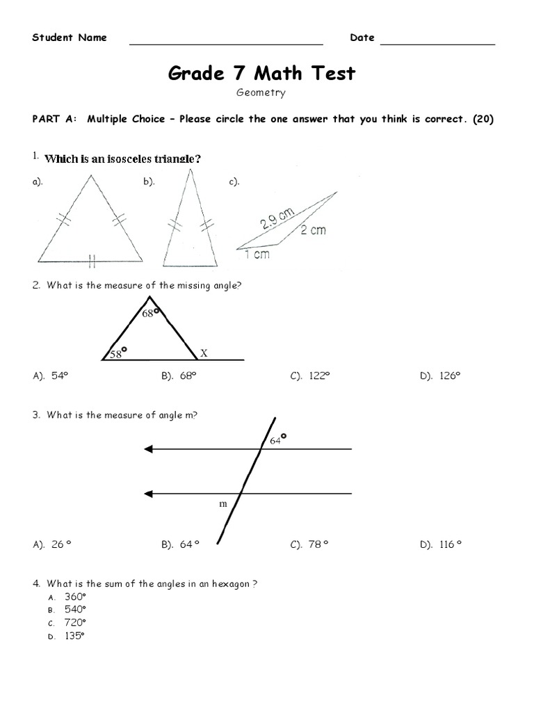 Grade 7 Math Test: Student Name Date | PDF | Triangle | Euclidean Geometry