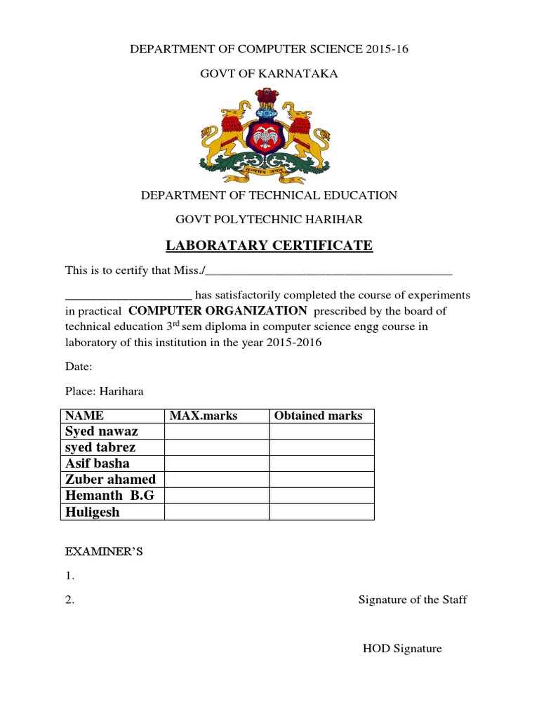 Laboratory Certificate for Computer Science | PDF
