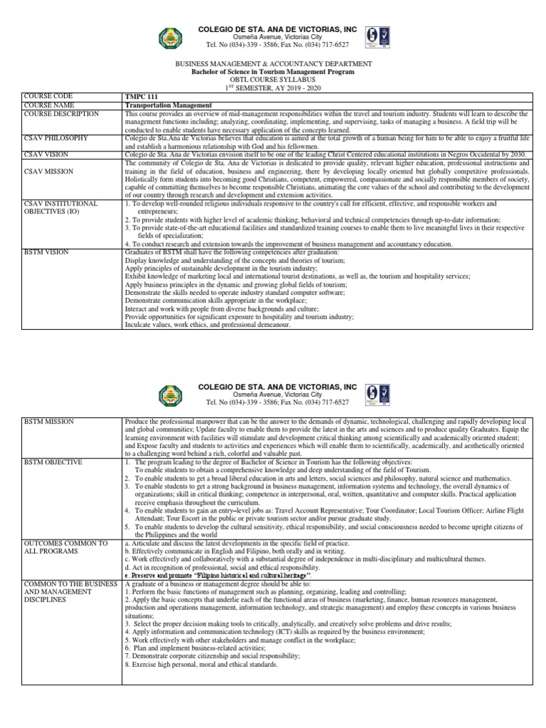 Transportation Management (BSTM 1) | PDF | Tourism | Science