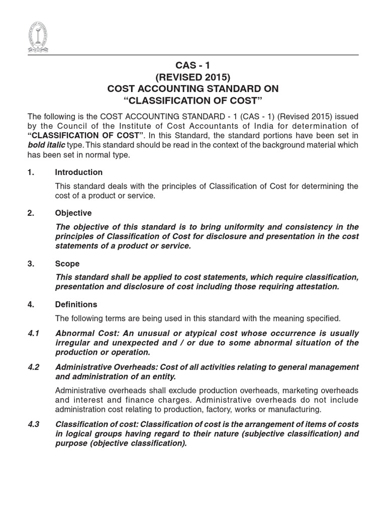 Cas - 1 (REVISED 2015) Cost Accounting Standard On "Classification of ...