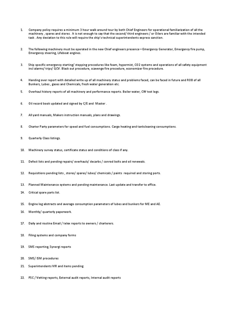 Checklist For Takeover | PDF | Fuel Oil | Water