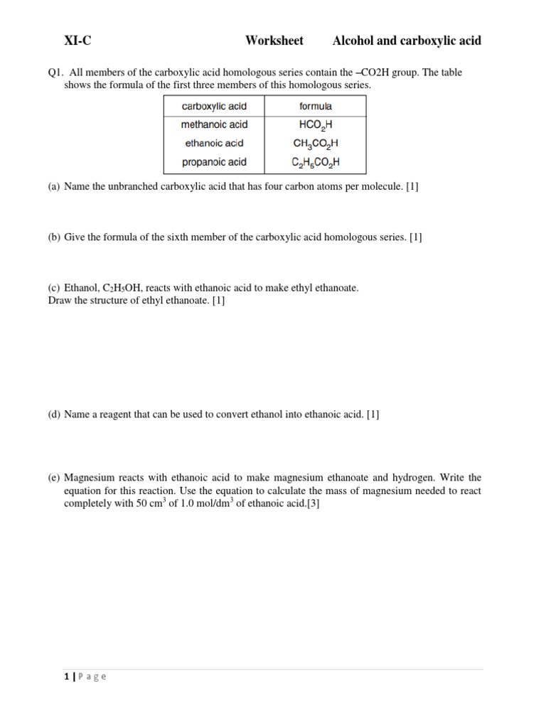 Alcohol and Carboxylic Acid Worksheet | PDF | Ethanol | Alcohol