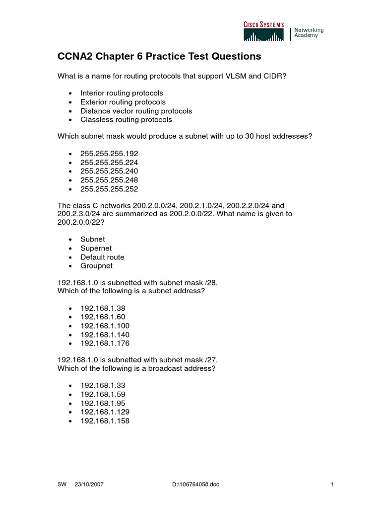 Ccna2 Chapter 6 Practice Test Questions Pdf Data Transmission Communications Protocols 
