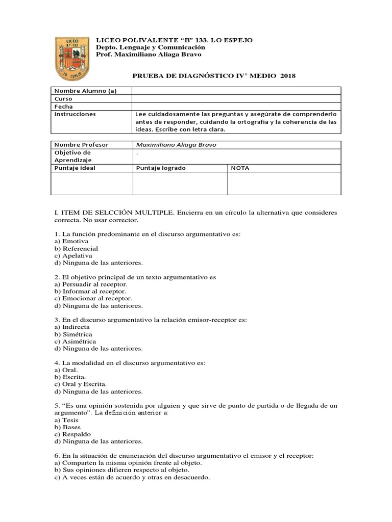 Prueba Diag. IV° M. 2018 | PDF | Retórica | Ciencia cognitiva