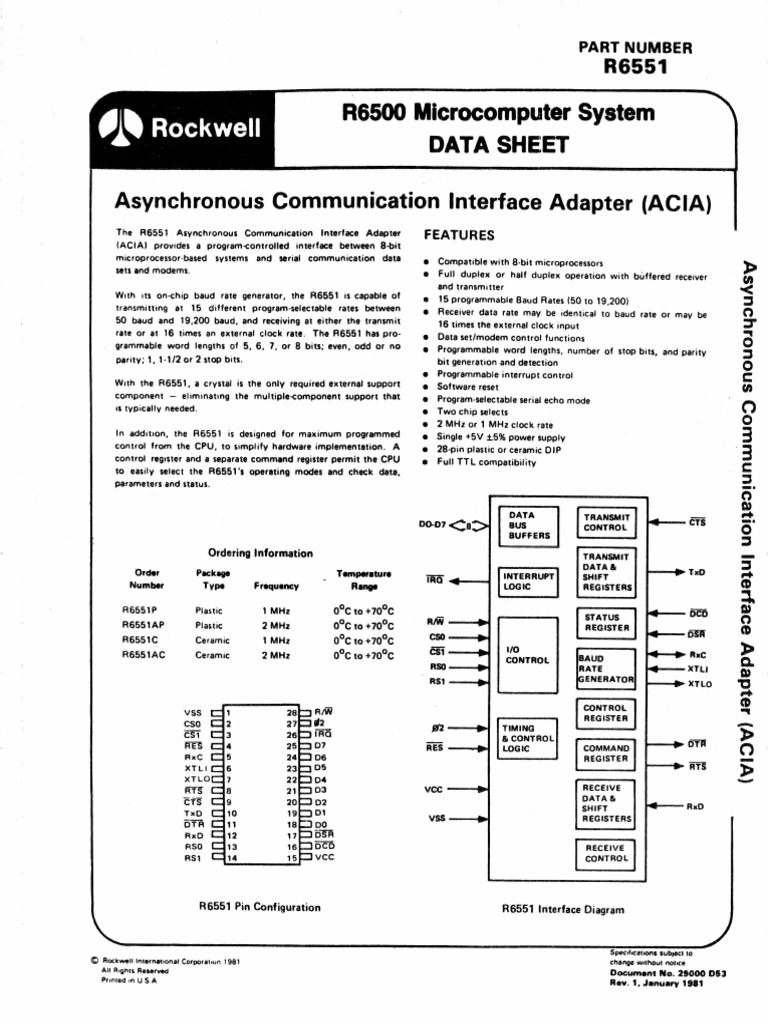 R6551 Asynchronous Communication Interface Adapter DataSheet Jan1981 | PDF