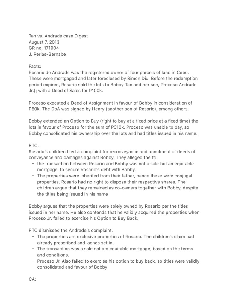 Tan vs. Andrade Case Digest | PDF | Mortgage Law | Deed