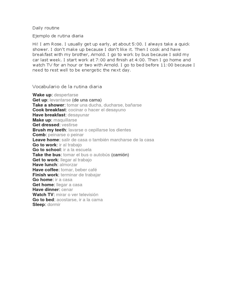 Vocabulario de La Rutina Diaria | PDF