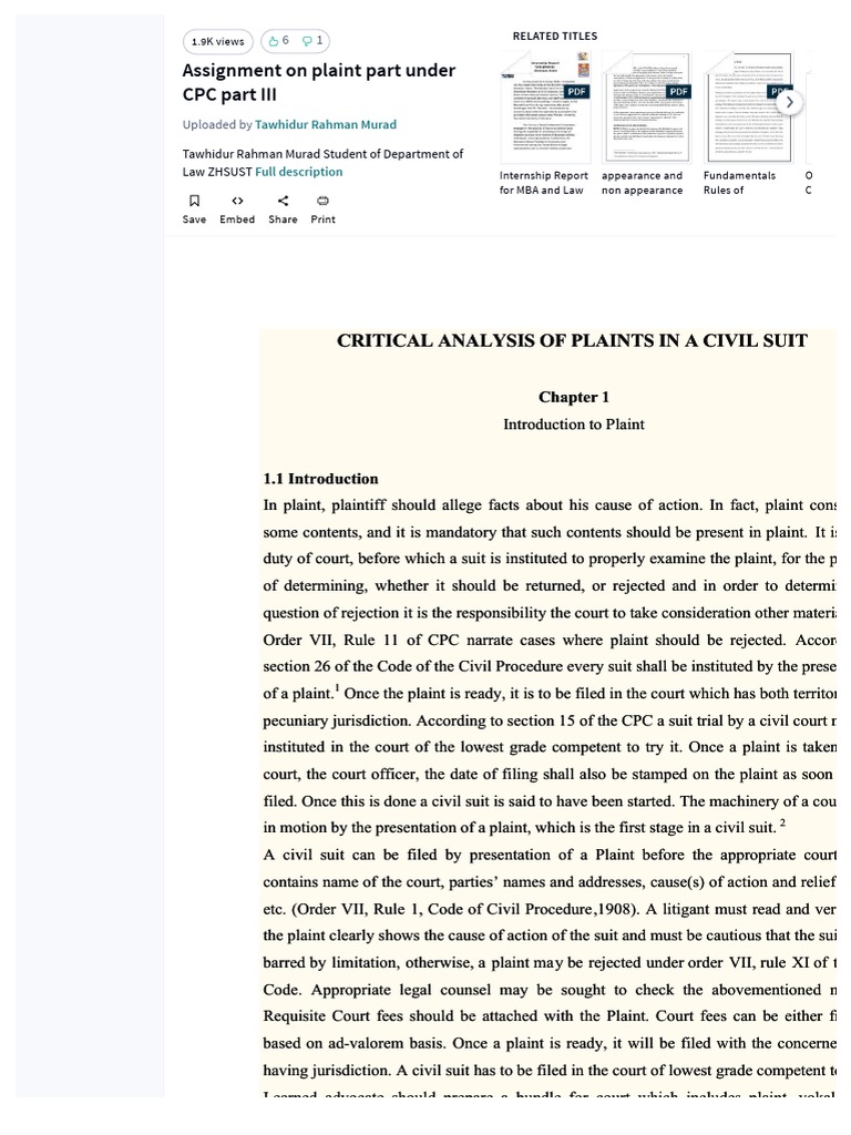 Assignment On Plaint Part Under CPC Part III | PDF | Equity (Law) | Lawsuit