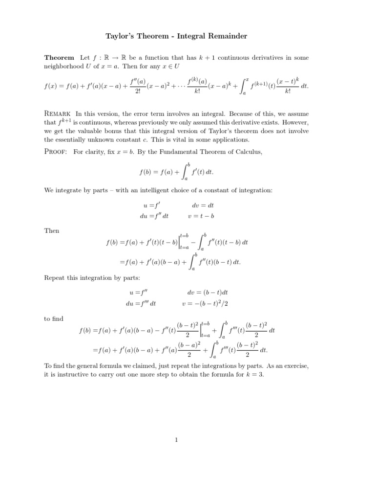 Taylor's Theorem - Integral Remainder: 2 (K) K X (k+1) K | Download ...