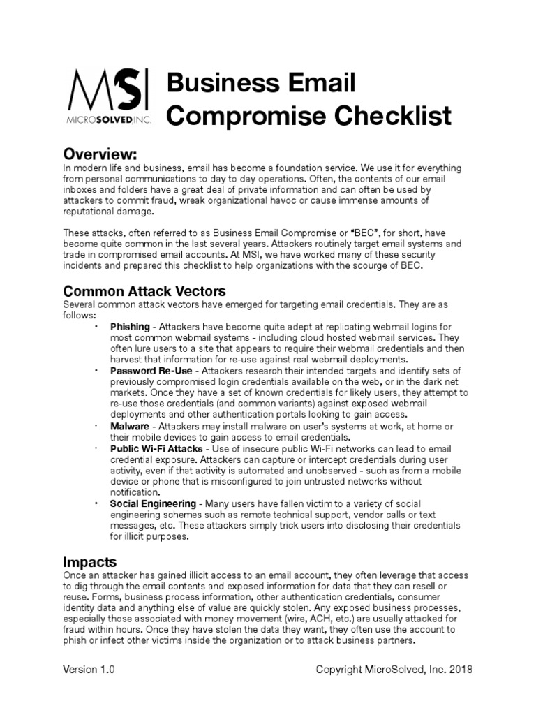 Business Email Compromise Checklist: Overview | PDF | Phishing ...