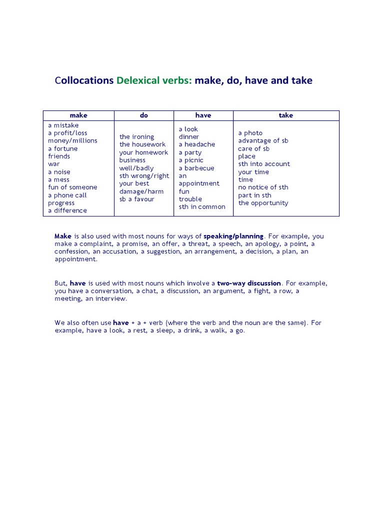 Collocations Delexical Verbs Make, Do, Have and Take | PDF