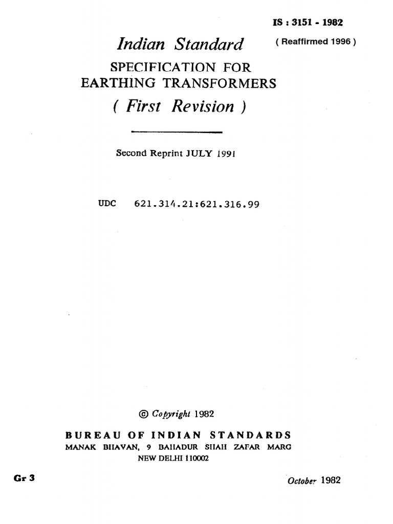 Indian Standard: Specification For Earthing Transformers ( | PDF ...