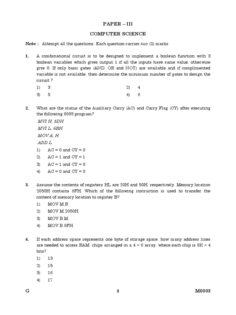 Paper - Iii Computer Science: Note: Attempt All The Questions. Each Question Carries Two (2 ...