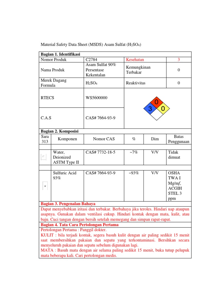 Material Safety Data Sheet (MSDS) H2SO4 | PDF