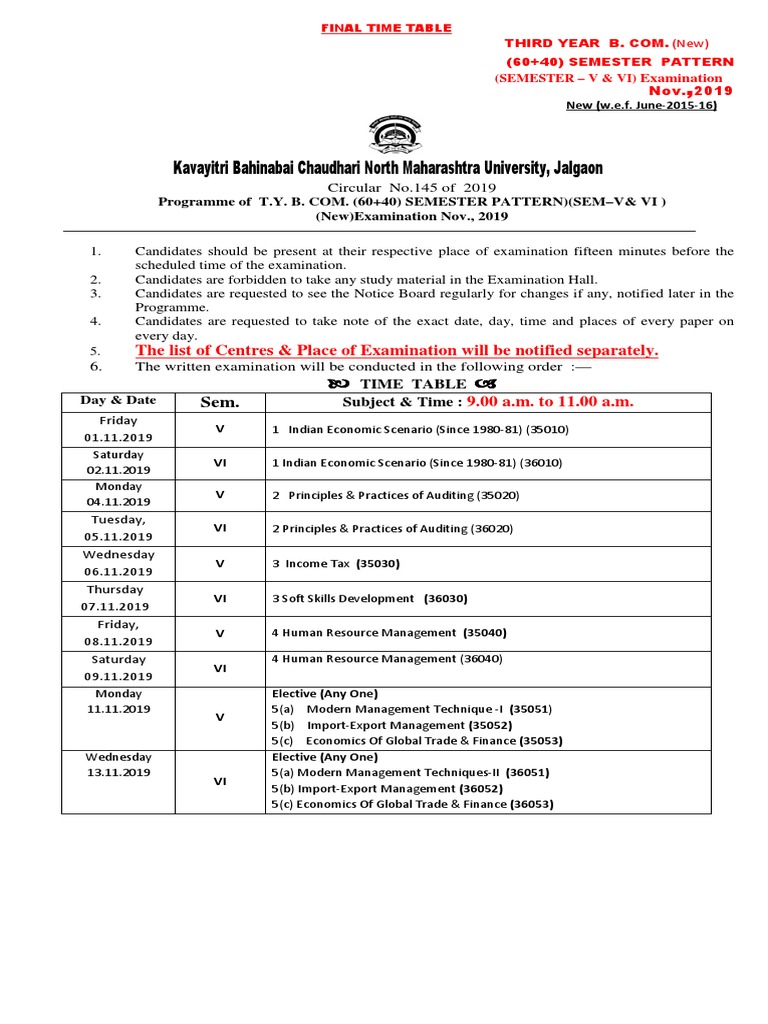 T.Y. B.Com. Exam Time Table Nov 2019 | PDF | Academic Term | Economies