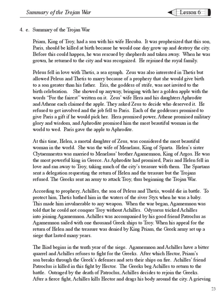 Summary of The Trojan War: Lesson 6 | PDF | Achilles | Paris (Mythology)