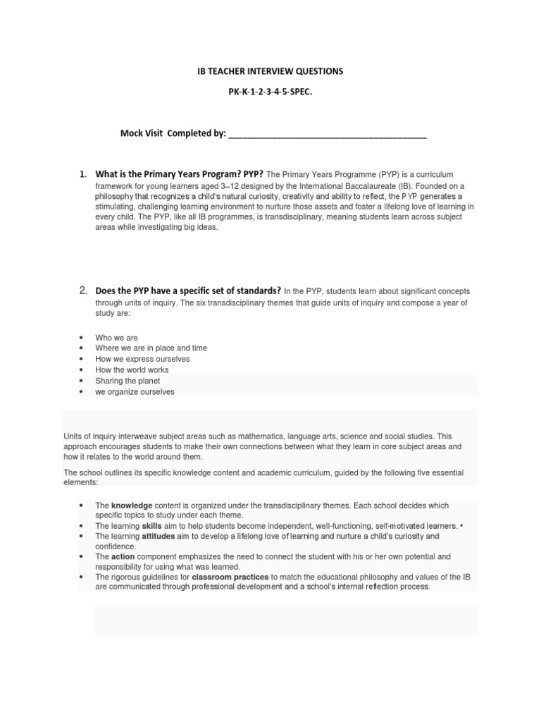Ib Teacher Interview Questions | PDF | Curriculum | Learning