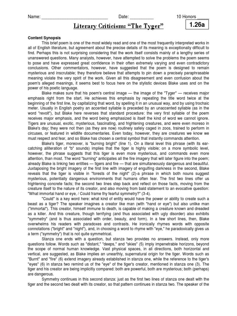 Analyzing Blake's "The Tyger" Poem | PDF | William Blake | Poetry