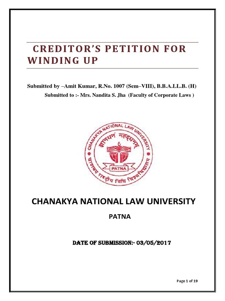 Creditor'S Petition For Winding Up: Chanakya National Law University ...