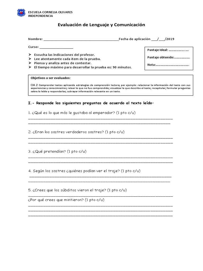 Prueba Libro El Traje Nuevo Del Emperador | PDF | Cognición