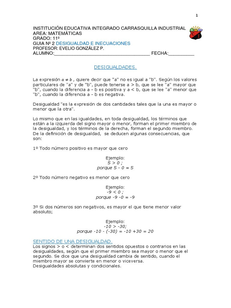 Guia 2 Desigualdad e Inecuaciones | PDF | Intervalo (Matemáticas) | Desigualdad (Matemáticas)