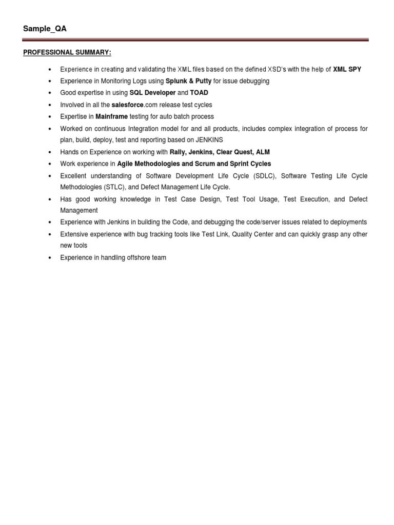 Sample - QA: Professional Summary | PDF | Software Testing | Selenium ...