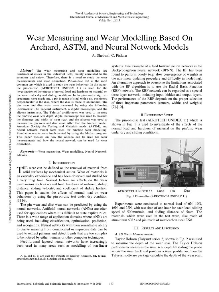 Wear Measuring and Wear Modelling Based On Archard ASTM and Neural ...