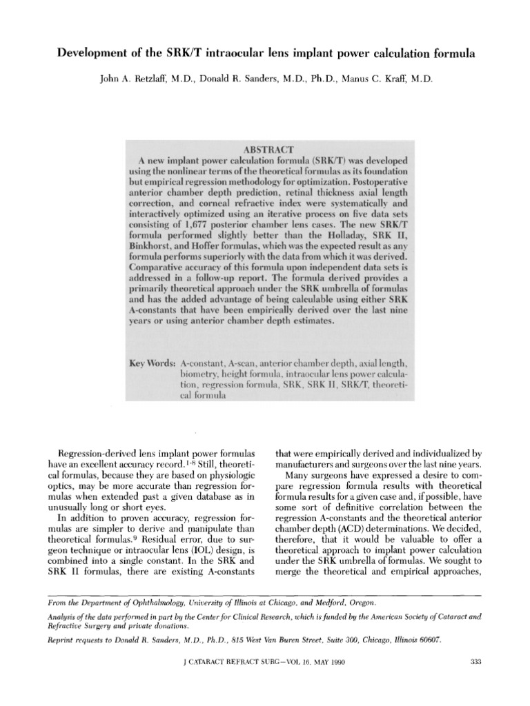 SRK/T: Development of The Intraocular Lens Implant Power Calculation ...