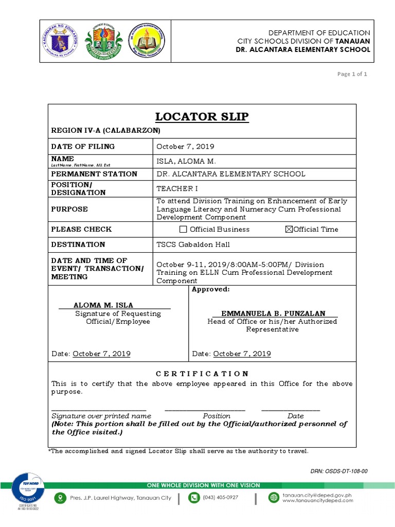 Locator Slip: Signature Over Printed Name Position Date | PDF