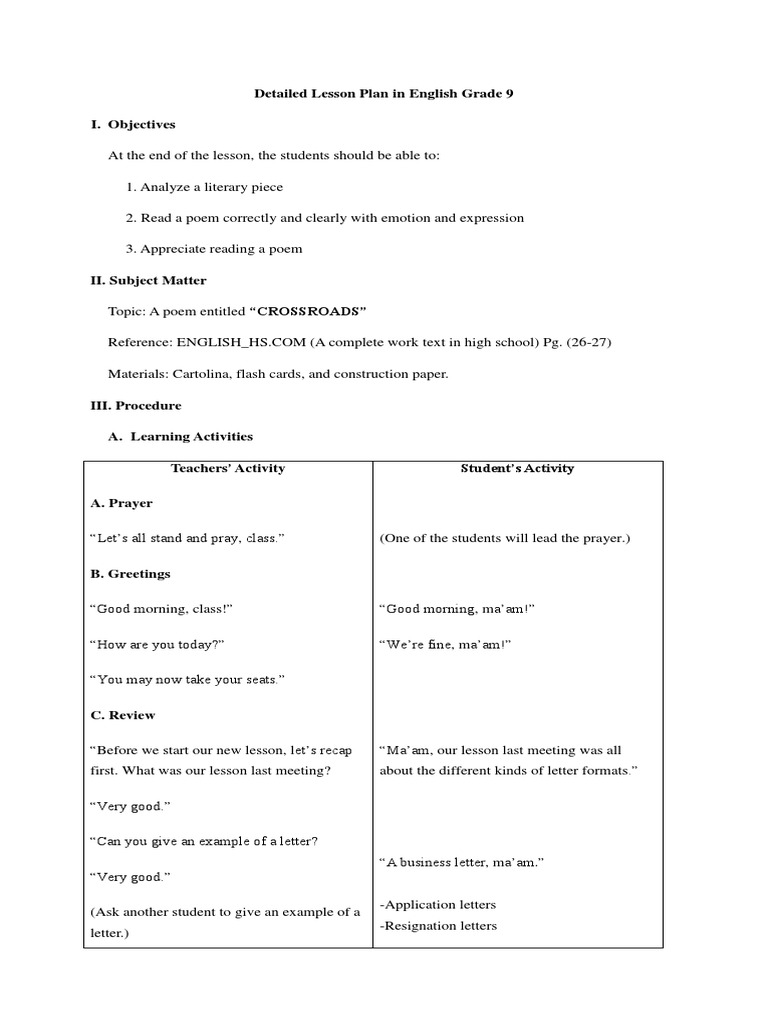 Detailed Lesson Plan in English Grade 9 I. Objectives | PDF | Question ...