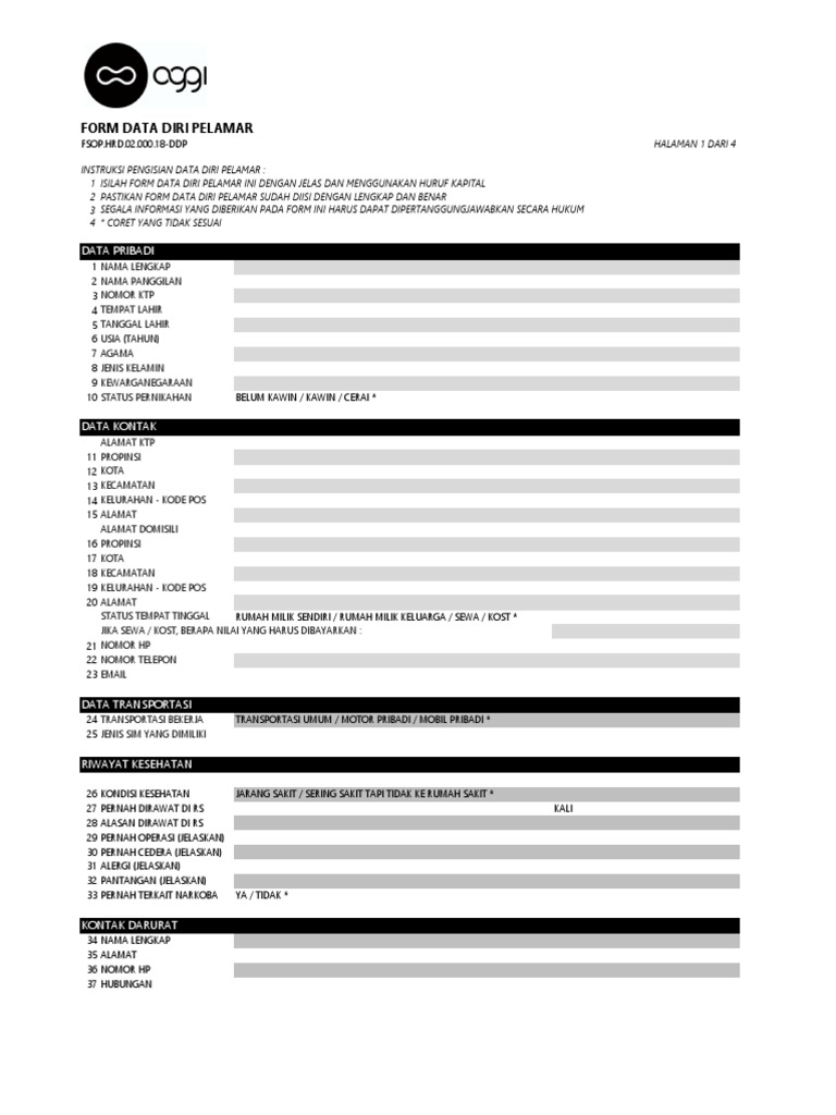 Form Data Diri Pelamar PT Cof | PDF