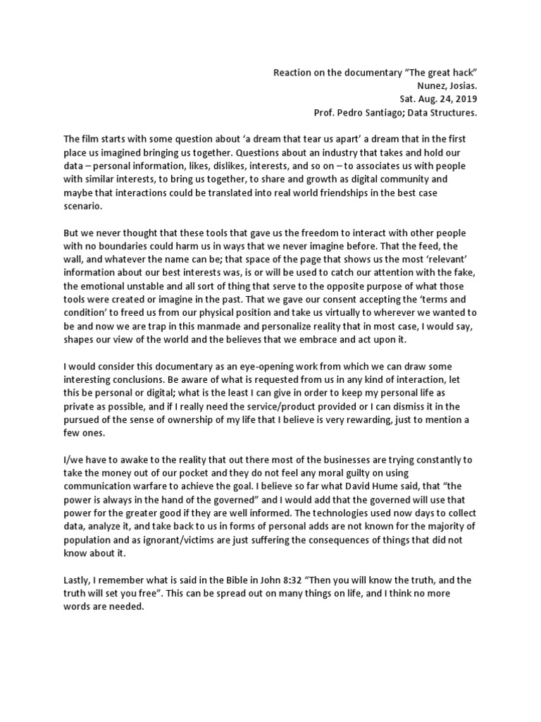 Reaction On The Documentary "The Great Hack" | PDF | Psychological ...
