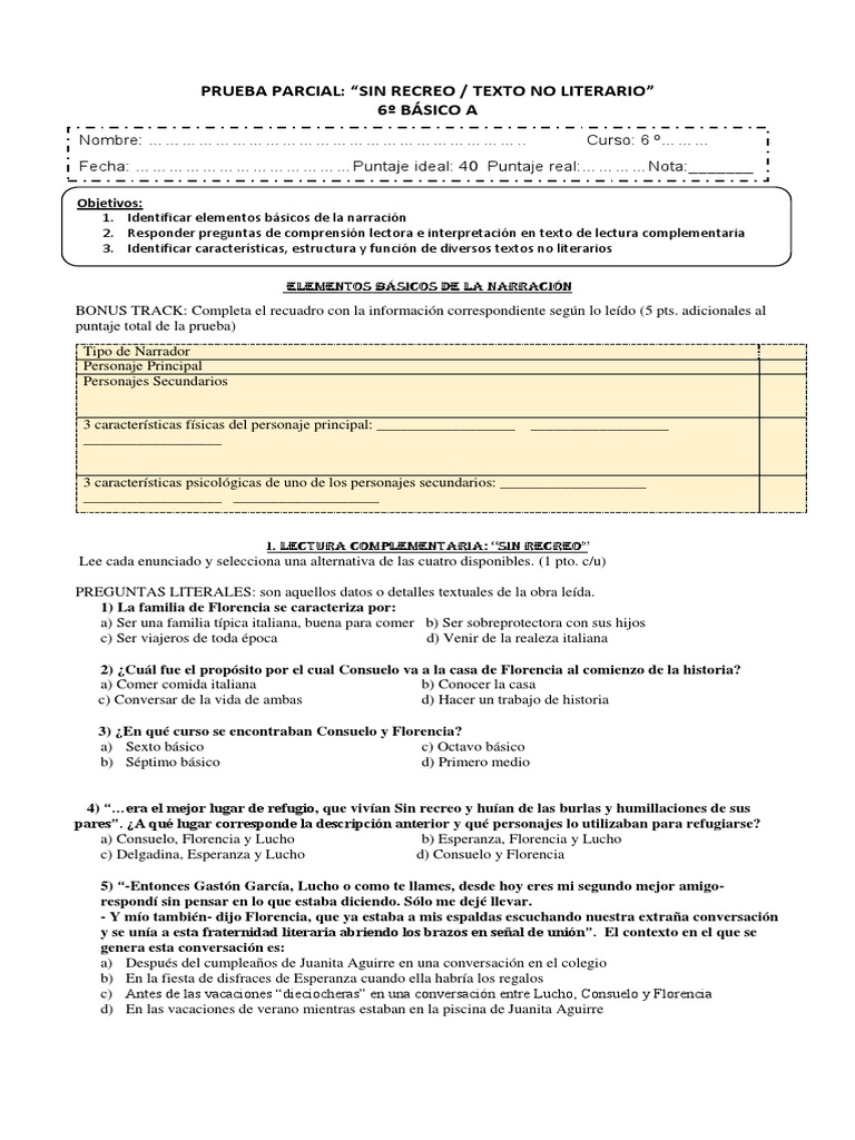 Prueba de Libro Sin Recreo 6 A | Narrativa | Comprensión lectora