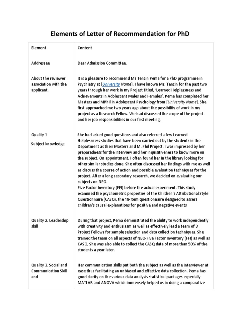 Elements of Letter of Recommendation For PHD | PDF | Evaluation Methods ...