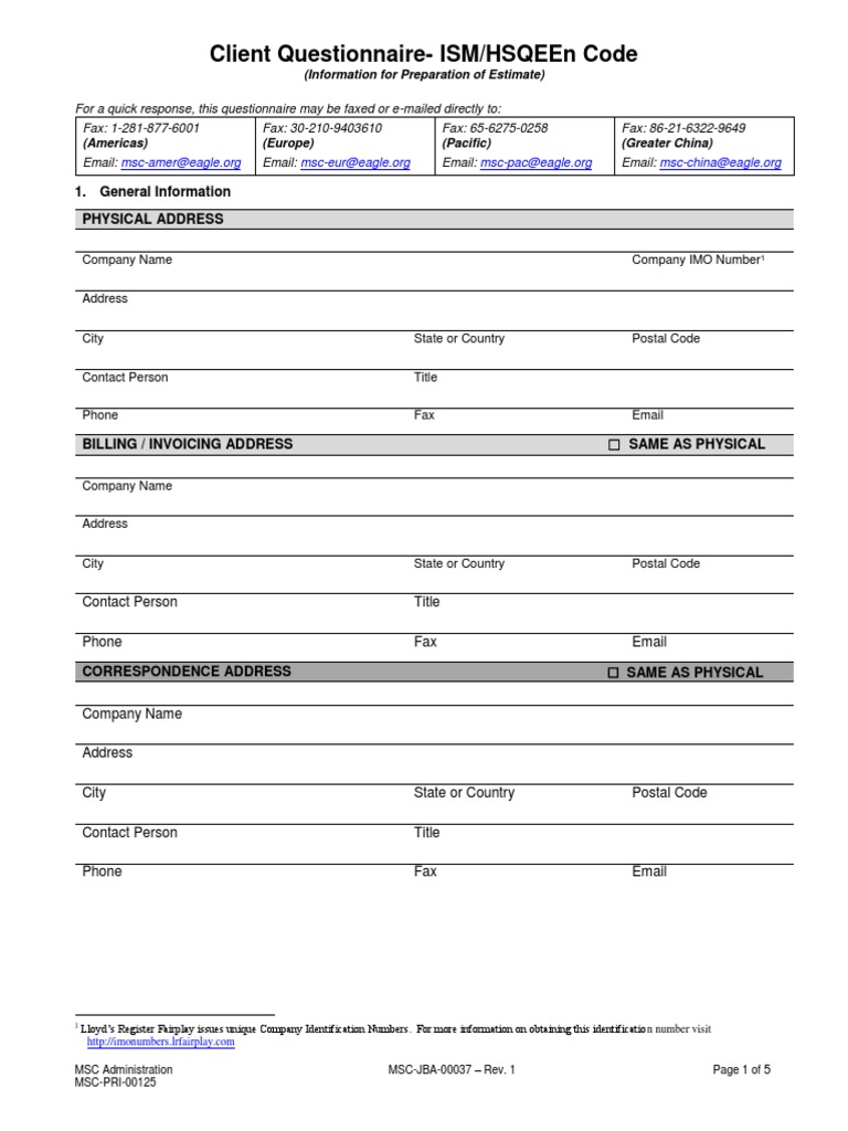 Client Questionnaire ISM HSQEEn Code | PDF | Ships | Shipping