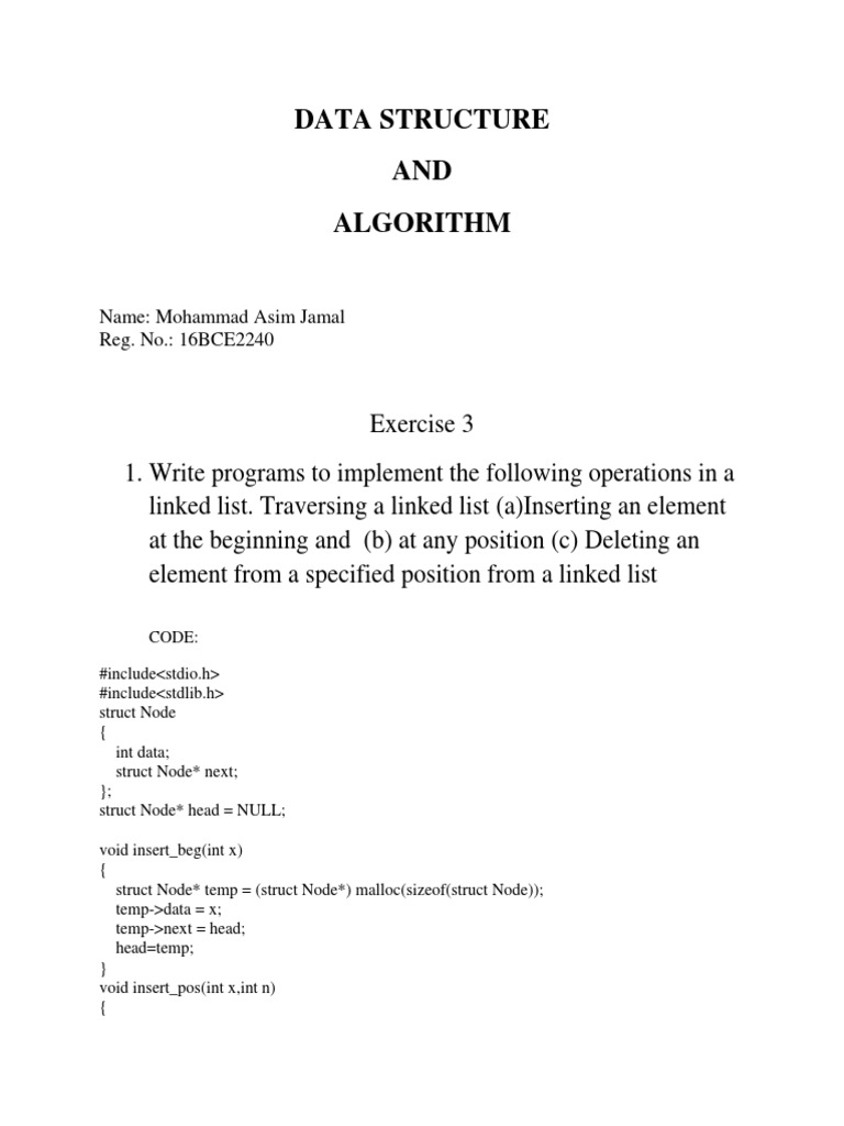 Data Structure AND Algorithm: Name: Mohammad Asim Jamal Reg. No ...