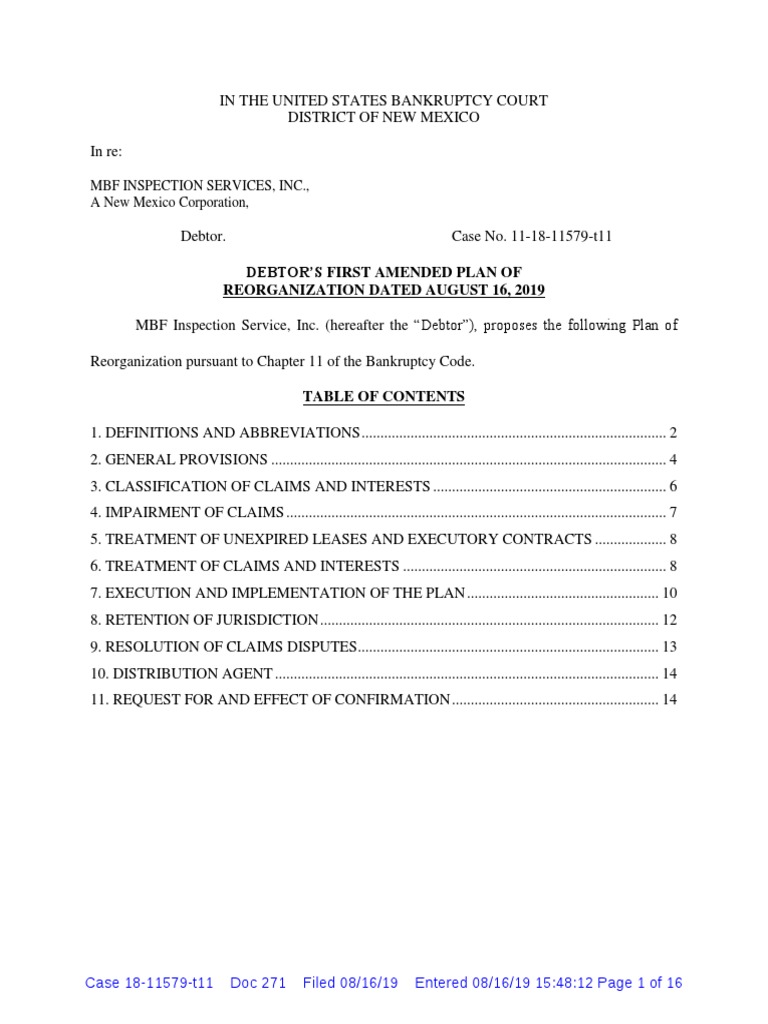 MBF's Chapter 11 Plan | PDF | Chapter 11 | Bankruptcy