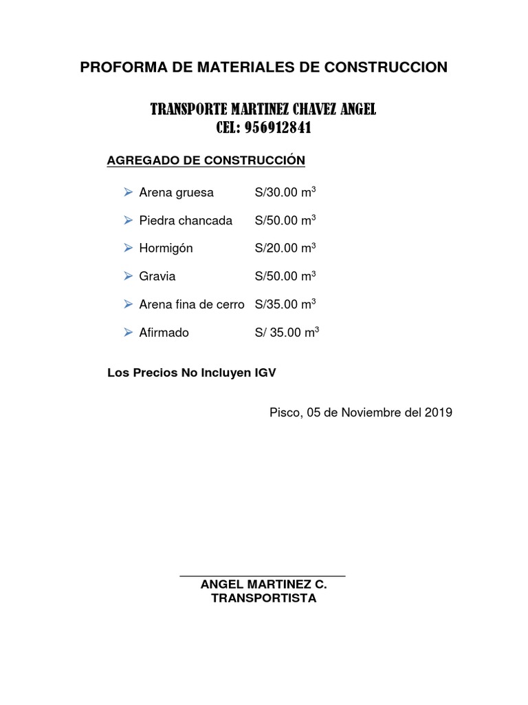 Proforma de Materiales de Construcción | PDF