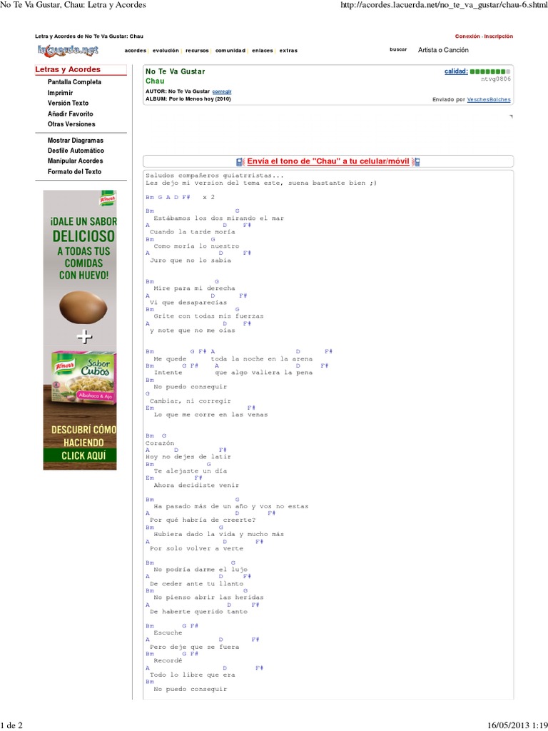 No Te Va Gustar, Chau - Letra y Acordes | PDF | Acorde (Música)