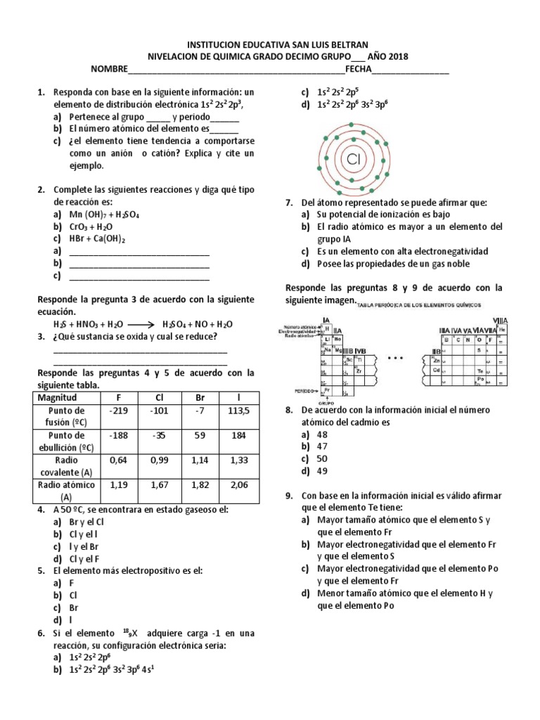 Nivelacion De Quimica Decimo Pdf óxido átomos