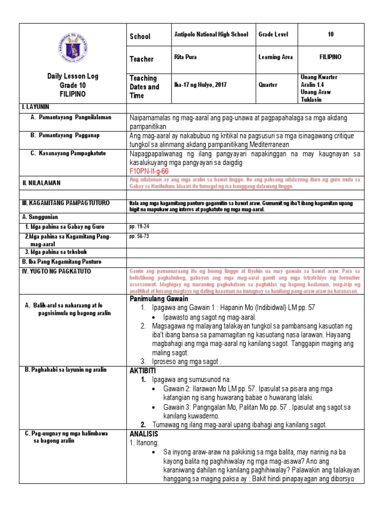 DLL Sa Grade 10 Aralin 1.4 | PDF