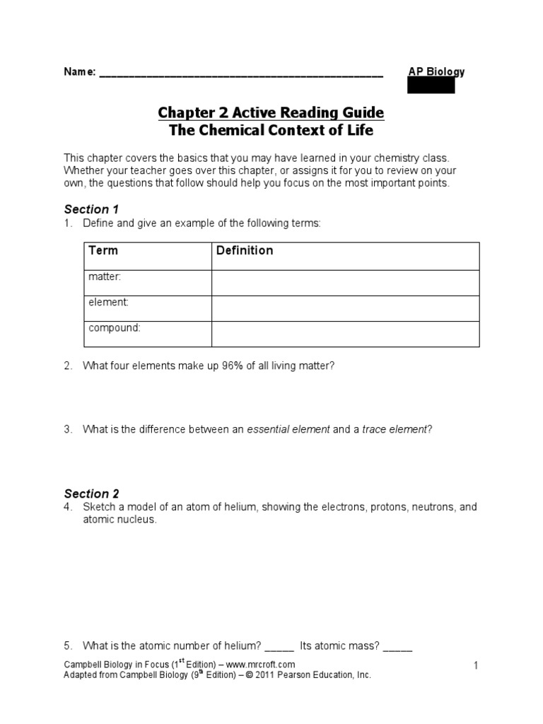 AP Bio Chapter 2 Active Reading Guide | PDF | Covalent Bond | Chemical ...