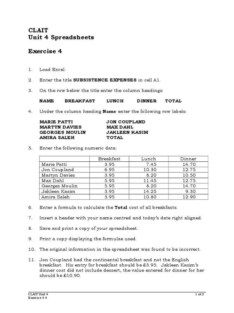 Clait Unit 4 Spreadsheets Exercise 4: Name Breakfast Lunch Dinner Total | PDF | Spreadsheet ...