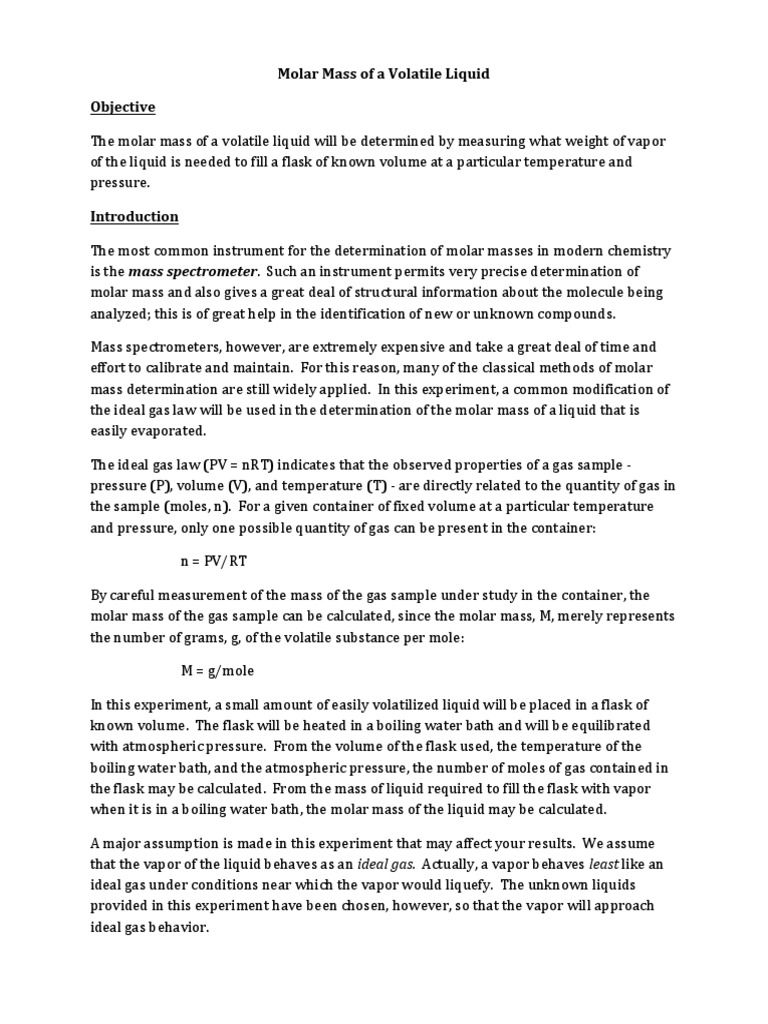 Molar Mass of Volatile Liquid Lab | PDF | Mole (Unit) | Gases