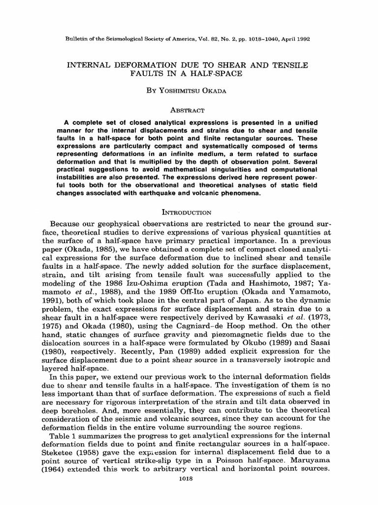 Okada 1992 Bssa | PDF | Deformation (Mechanics) | Fault (Geology)