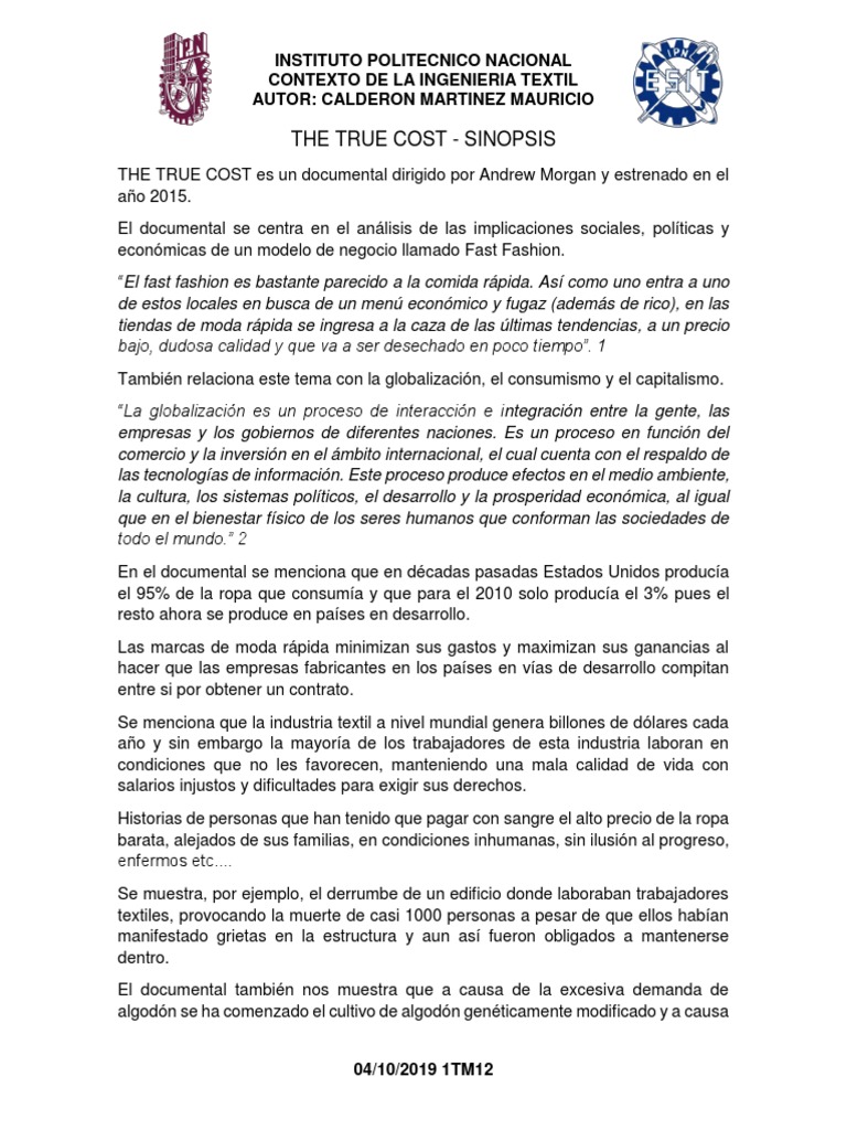 Sinopsis DOCUMENTAL THE TRUE COST | PDF | Globalización | Moda